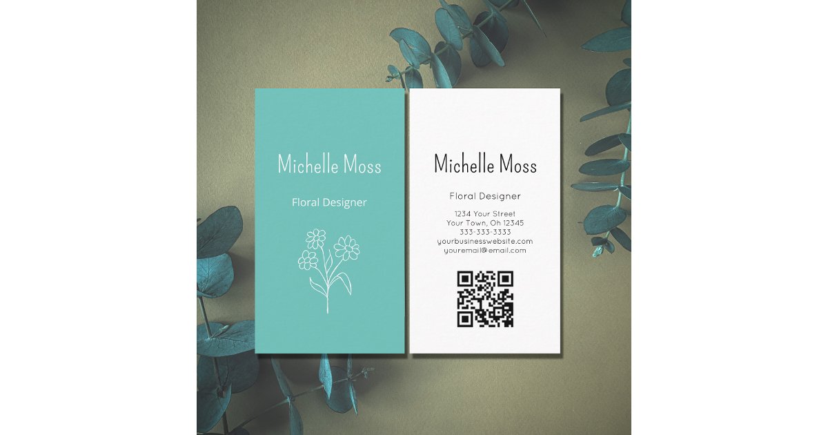 Trendy Daisy Teal QR code Floral Designer Business Card | Zazzle