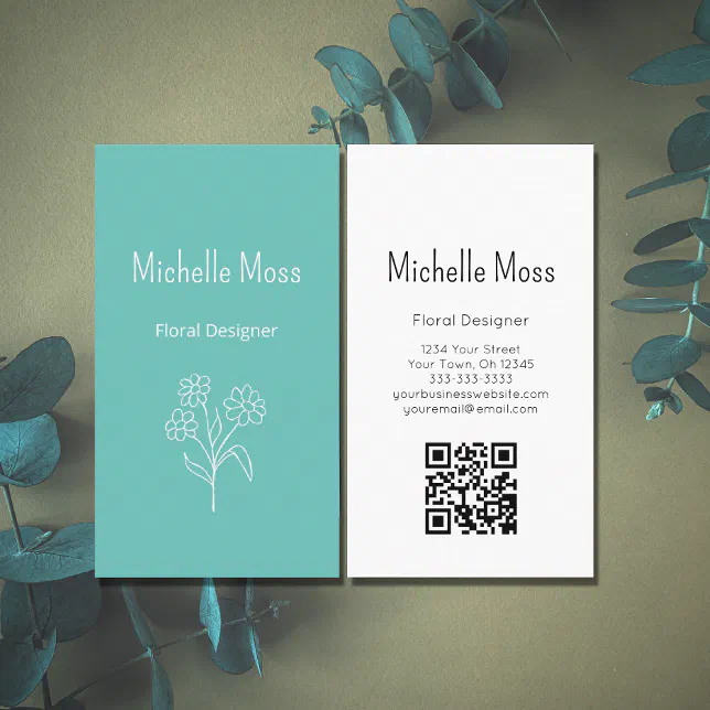 Trendy Daisy Teal QR code Floral Designer Business Card | Zazzle
