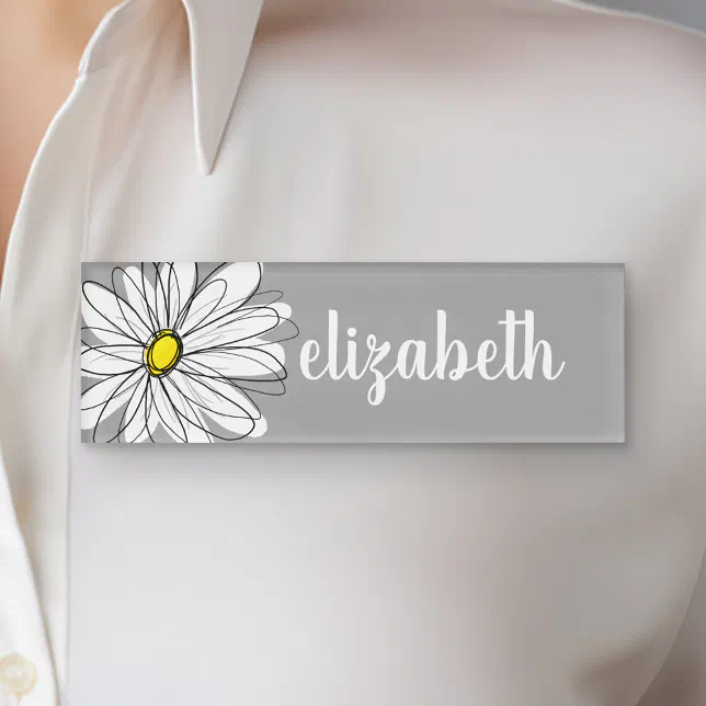 Trendy Daisy with gray and yellow Name Tag | Zazzle