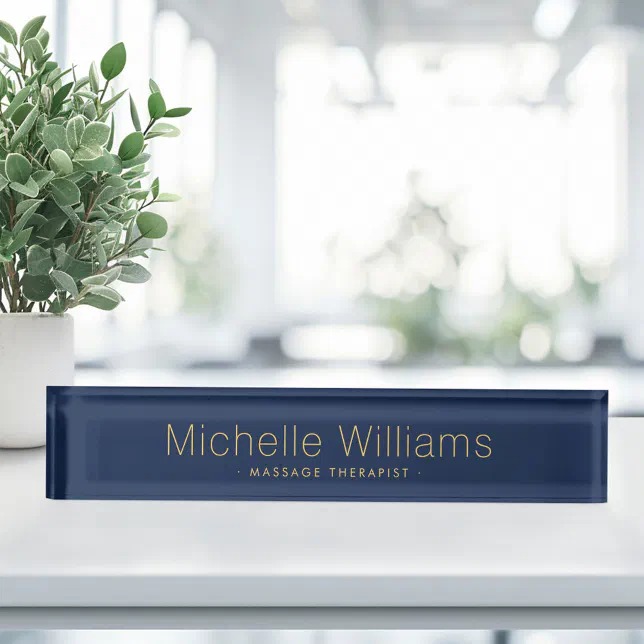 Trendy dark navy blue modern minimal desk name plate | Zazzle