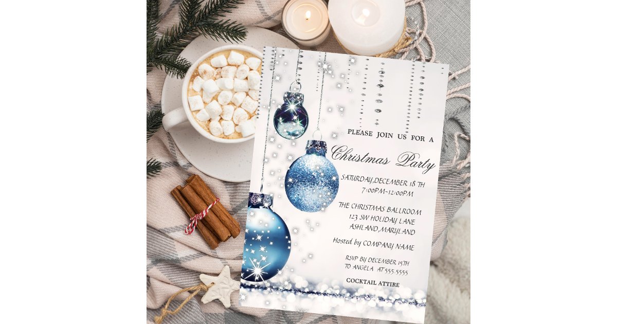 Trendy Elegant Blue Christmas Balls Party Invitation | Zazzle