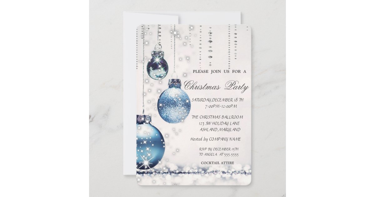 Trendy Elegant Blue Christmas Balls Party Invitation | Zazzle