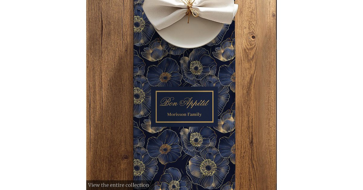 Trendy Elegant Navy and Gold Floral Table Setting Medium Table Runner ...