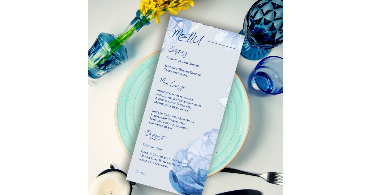 Trendy Elegant Pretty Blue Floral Wedding Party Menu | Zazzle