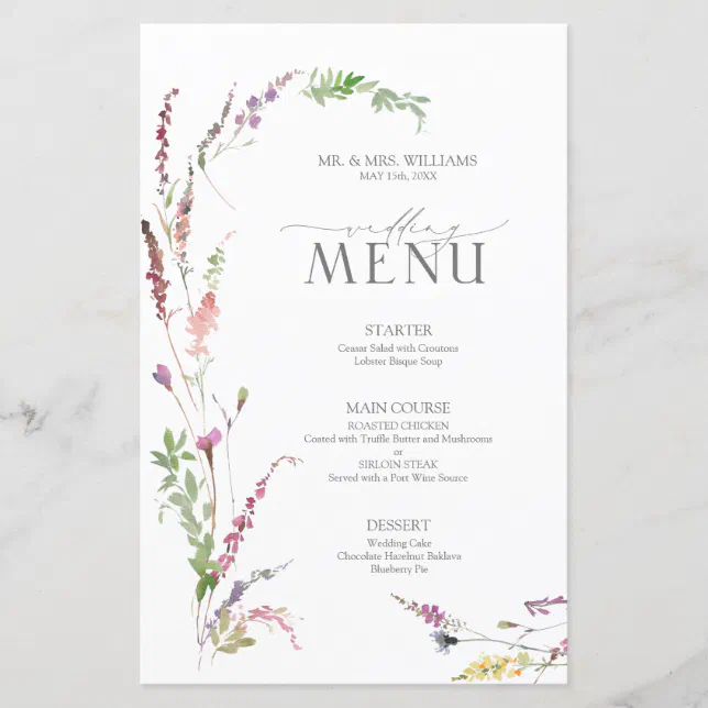 Trendy Elegant Wildflower Floral Wedding Menu | Zazzle