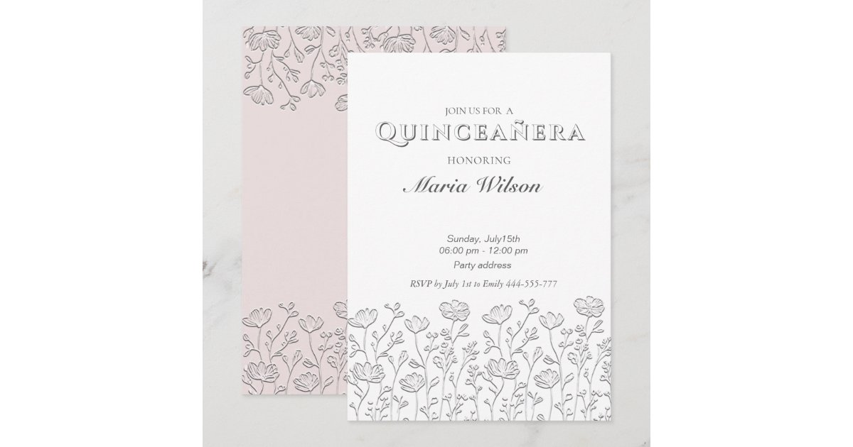 Trendy Embossed modern floral Quinceañera Invitation | Zazzle