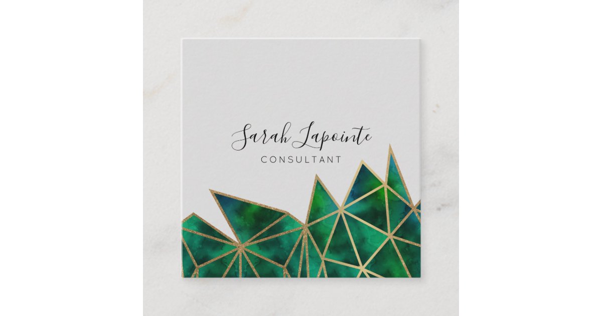Trendy Faux Gold & Emerald Green Geometric Design Square Business Card ...