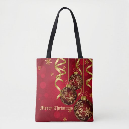Trendy Festive Red & Golden Christmas Ornaments Tote Bag | Zazzle