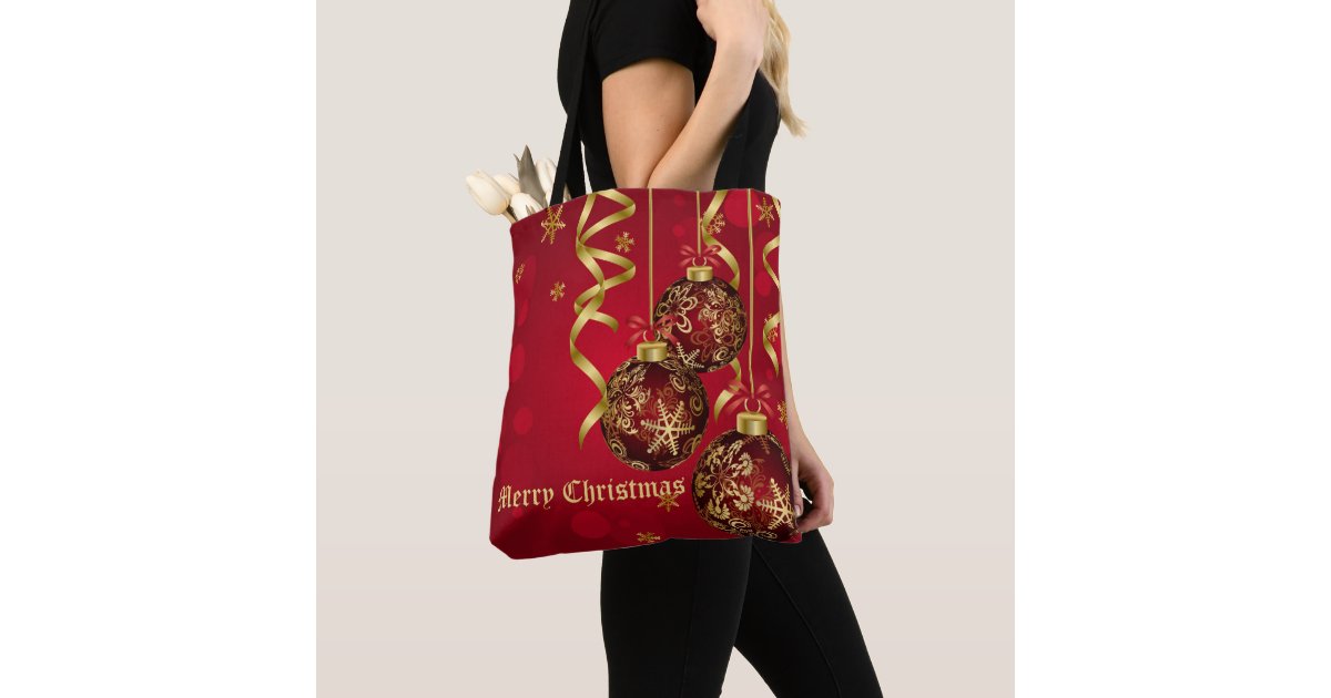 Trendy Festive Red & Golden Christmas Ornaments Tote Bag | Zazzle