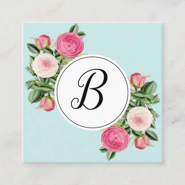 Trendy floral blue monogram rose business cards | Zazzle