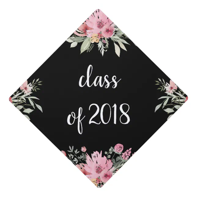 Trendy Floral on Black | Class of 2018 Graduation Cap Topper | Zazzle