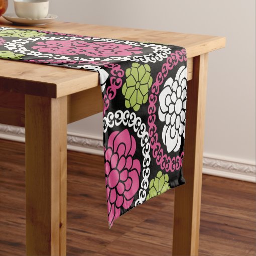 Trendy Floral Pattern Hot Pink and Black Monogram Short Table Runner ...