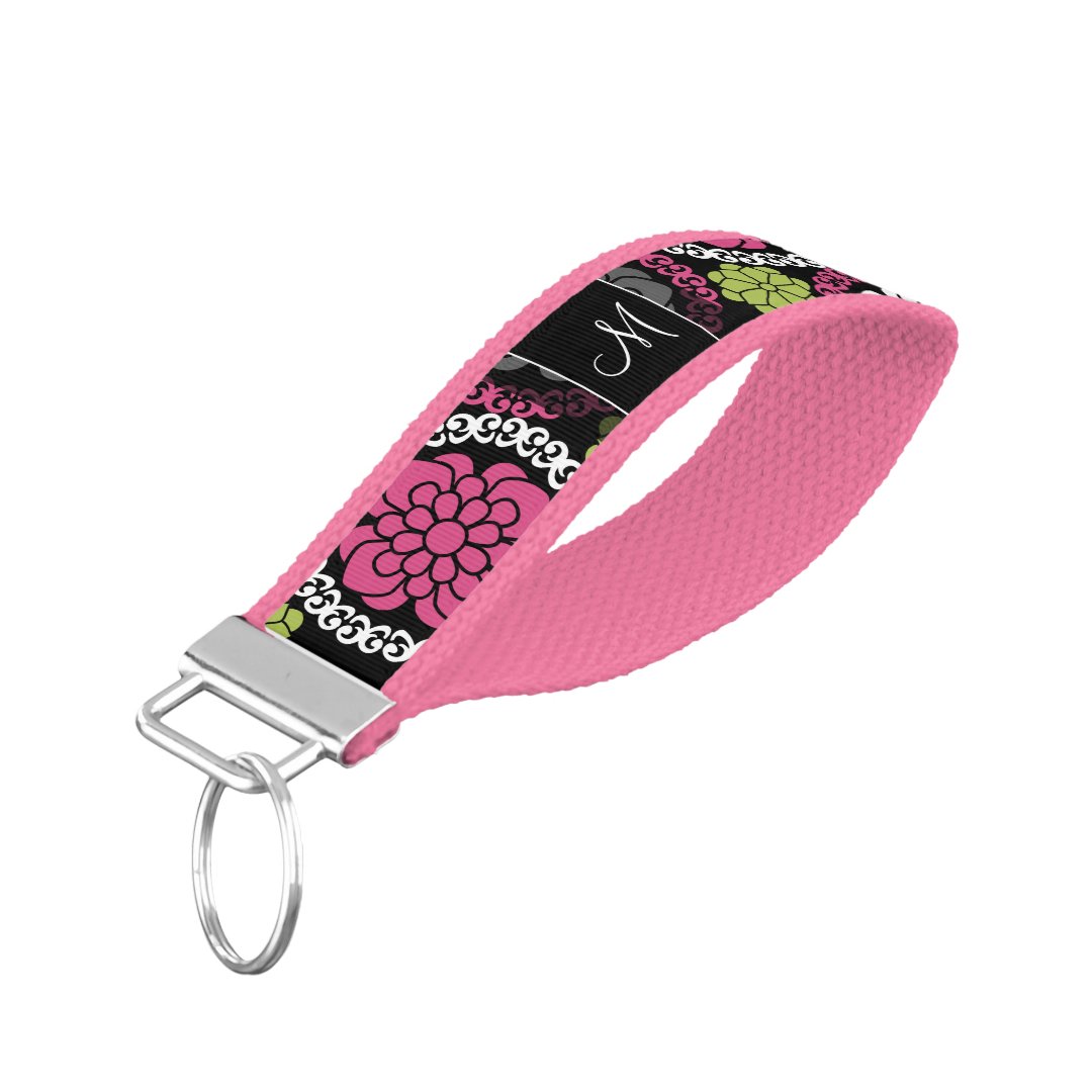 Trendy Floral Pattern Hot Pink and Black Monogram Wrist Keychain | Zazzle