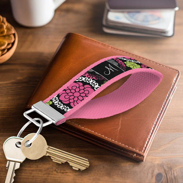Trendy Floral Pattern Hot Pink and Black Monogram Wrist Keychain | Zazzle