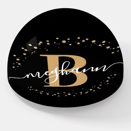 Trendy Girly Black Gold Name Script Monogrammed Paperweight | Zazzle
