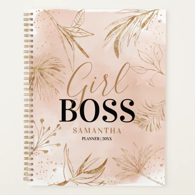 Trendy Girly Pink & Gold Girl Boss Name Planner | Zazzle
