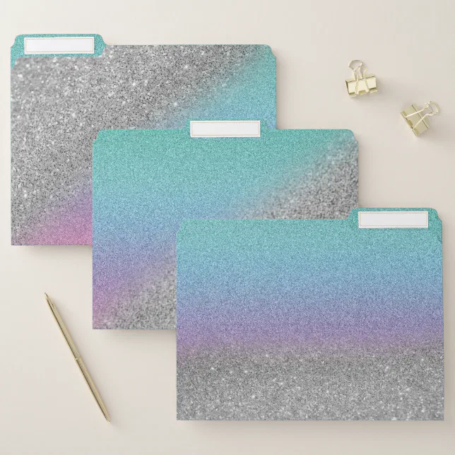 Trendy Girly, Silver Colorful Glitter Bokeh Ombre File Folder | Zazzle
