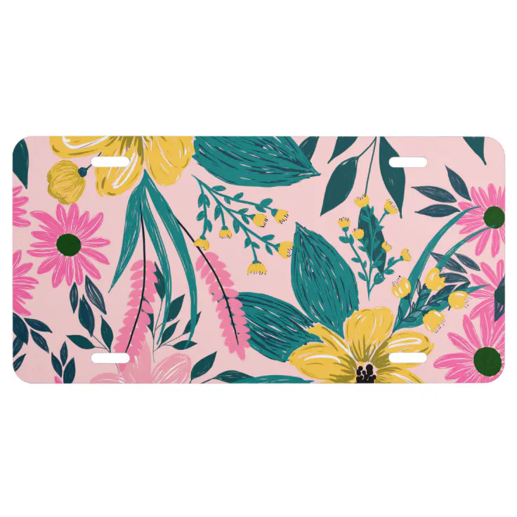 Trendy Girly Yellow Hand Paint Floral Design License Plate | Zazzle
