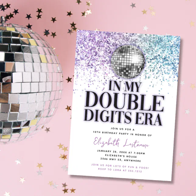 Trendy Glitter Disco Double Digits Era Birthday Invitation | Zazzle