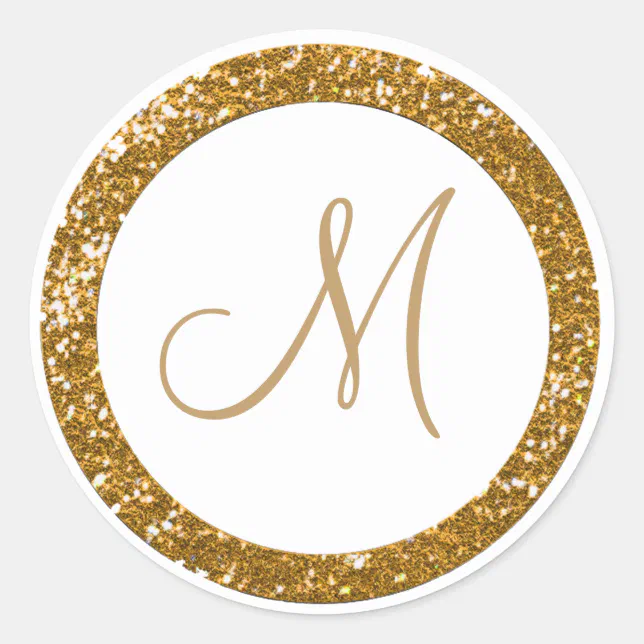Trendy Glitter Monogram Stickers:Gold Classic Round Sticker | Zazzle
