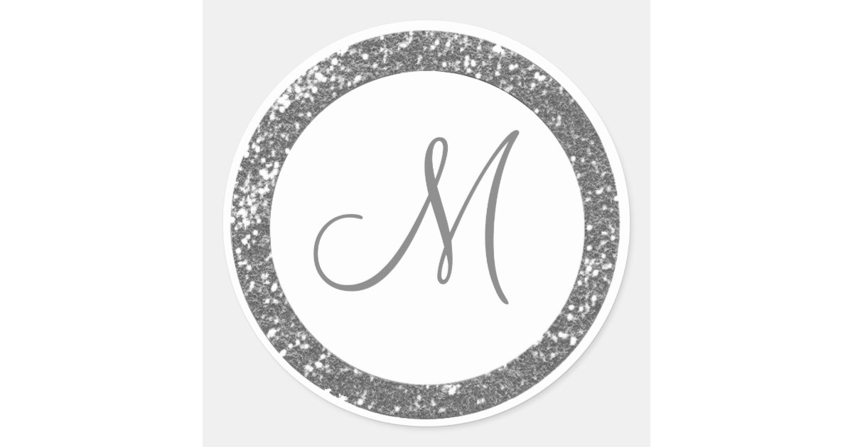Trendy Glitter Monogram Stickers:Silver Gray Classic Round Sticker | Zazzle