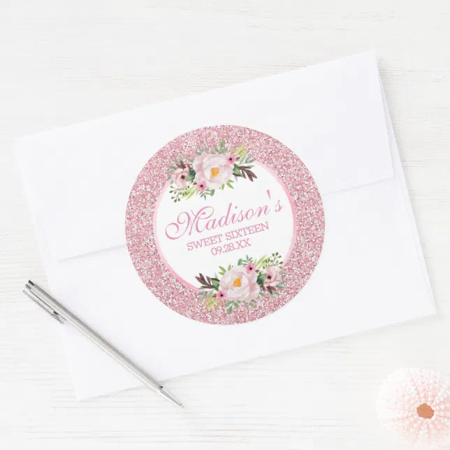 Trendy Glitter Pink Floral Sweet 16 Classic Round Sticker | Zazzle