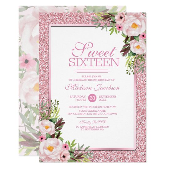 Trendy Glitter Pink Floral Sweet 16 Party Invitation | Zazzle.com
