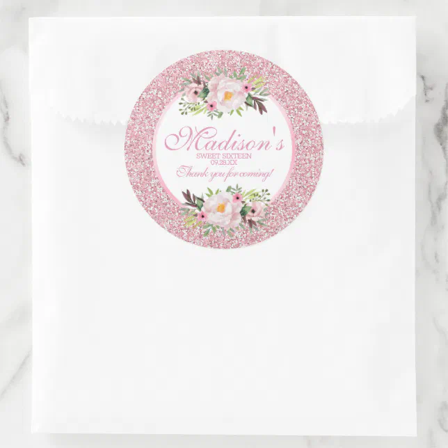 Trendy Glitter Pink Floral Sweet 16 Thank You Classic Round Sticker ...