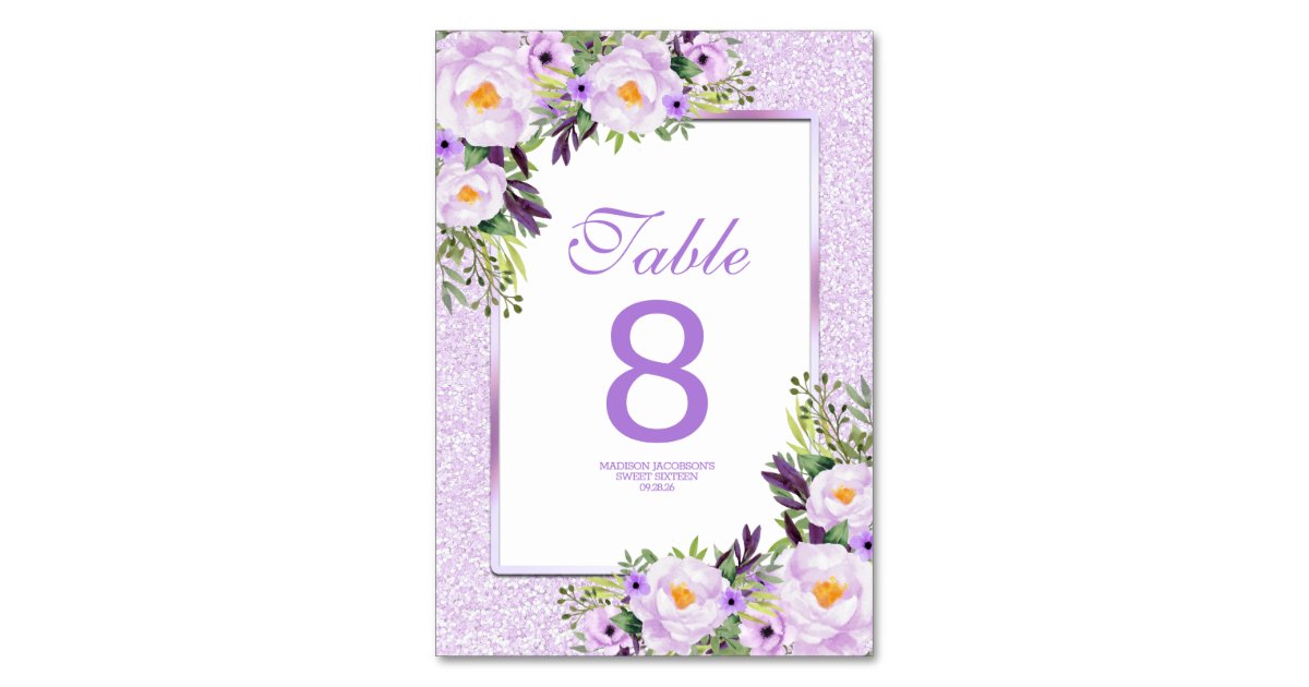 Trendy Glitter Purple Floral Sweet 16 Table Number | Zazzle