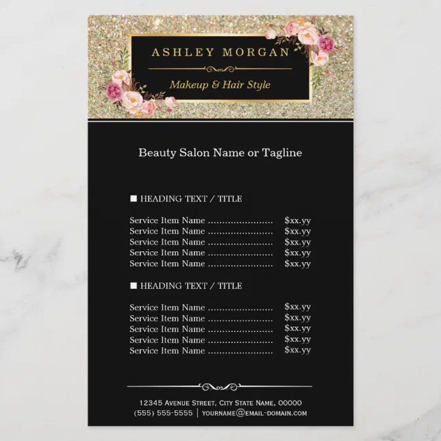 Trendy Gold Glitter Sparkling Girly Floral Flyer | Zazzle