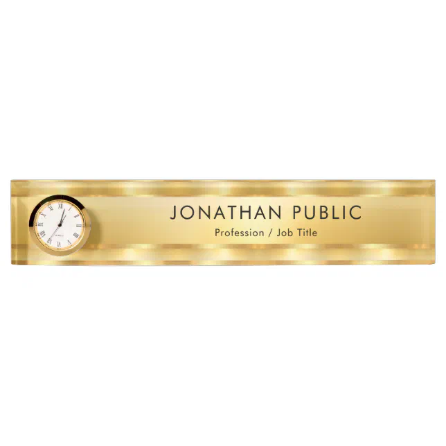 Trendy Gold Look Elegant Modern Template Clock Desk Name Plate | Zazzle