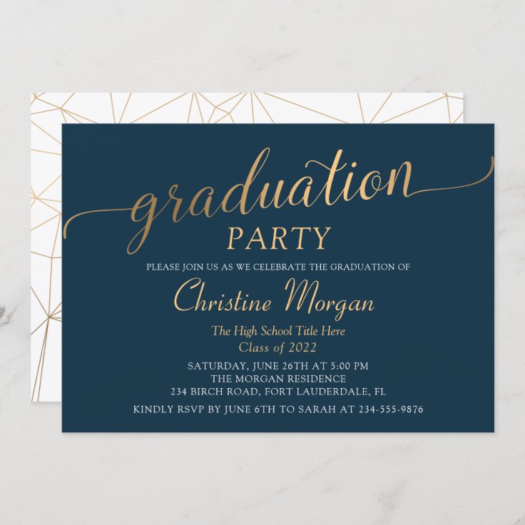 Trendy Gold Script Navy Blue Graduation Party Invitation | Zazzle