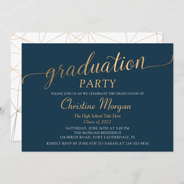 Trendy Gold Script Navy Blue Graduation Party Invitation | Zazzle
