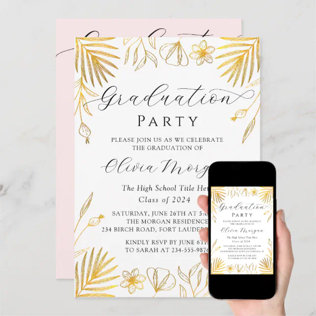 Trendy Golden Floral Script Graduation Party Photo Invitation | Zazzle