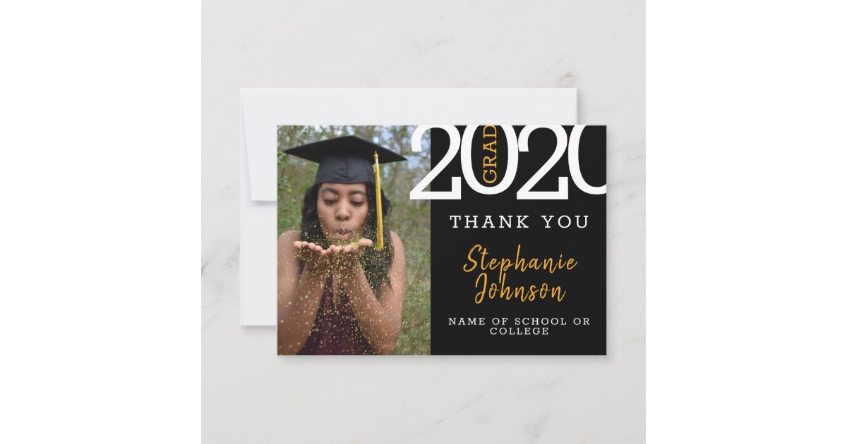 Trendy Grad Black Gold Photo Name Year Graduation Thank You Card | Zazzle