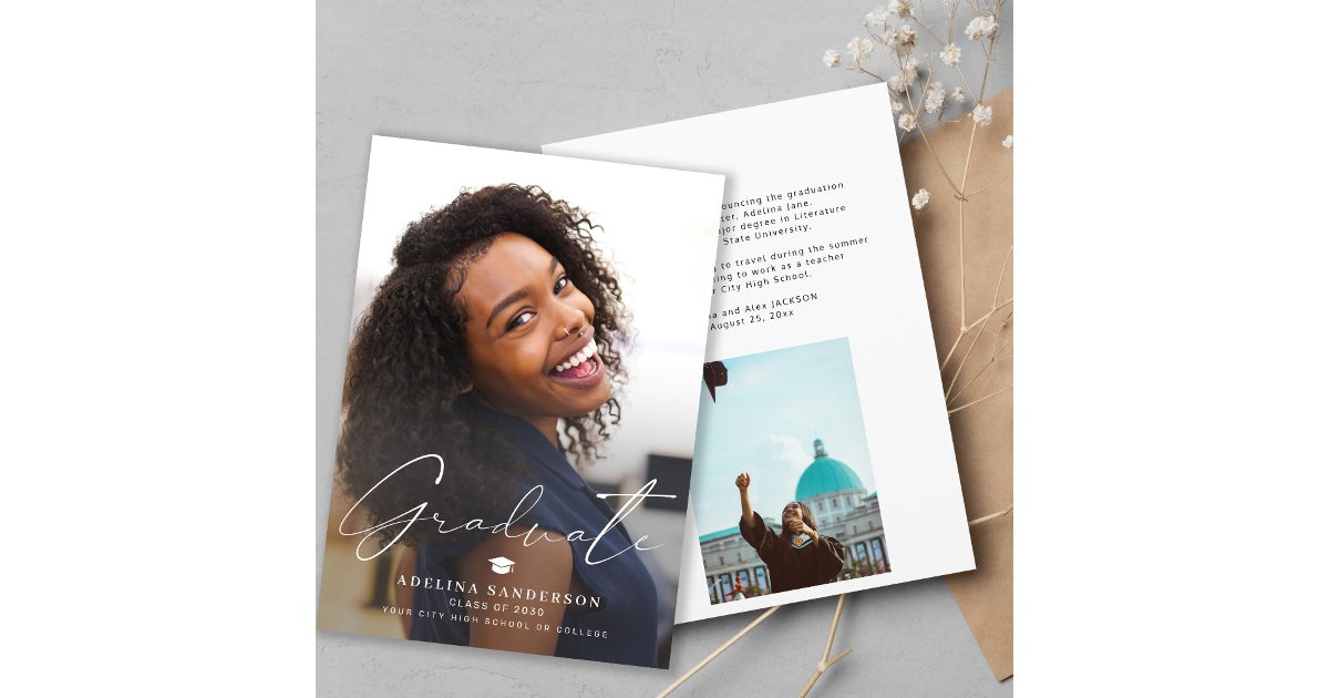 Trendy graduate script 2 photo simple graduation announcement | Zazzle