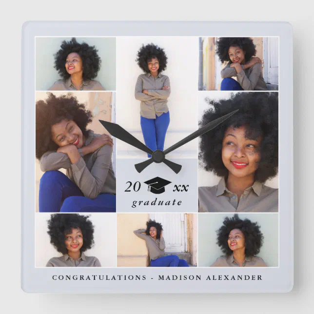 Trendy Graduation Cap Photo Collage Square Wall Clock | Zazzle