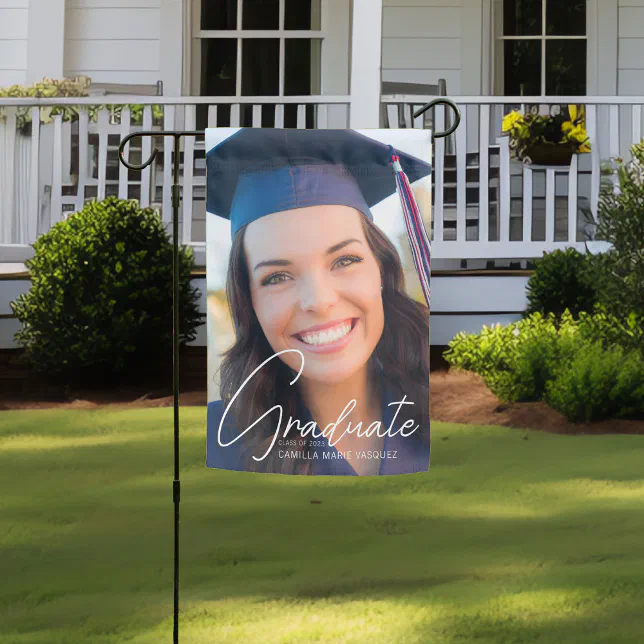 Trendy Graduation Photo White Script Overlay Garden Flag | Zazzle