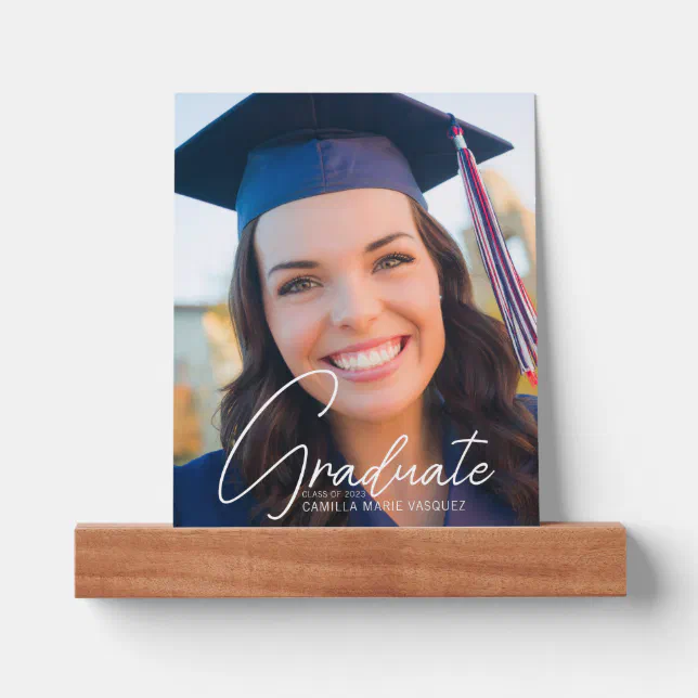Trendy Graduation Photo White Script Overlay Picture Ledge | Zazzle
