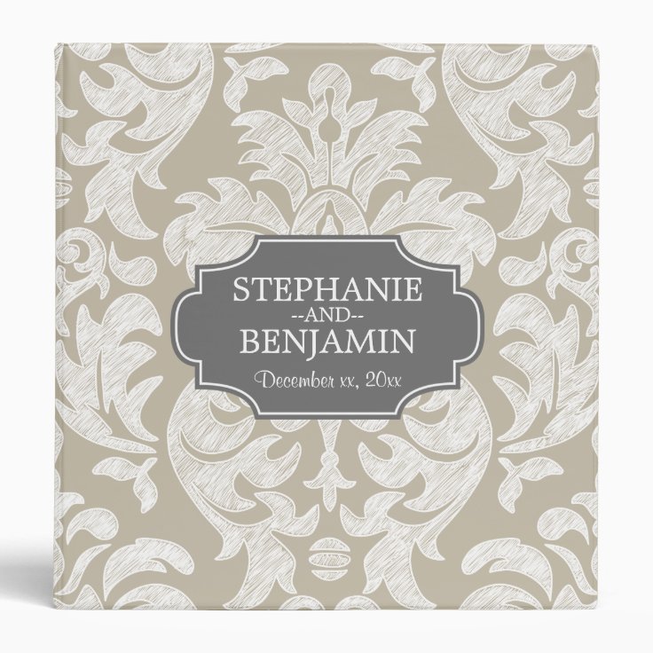 Trendy Gray & Linen Beige Damask Pattern Wedding Binder | Zazzle
