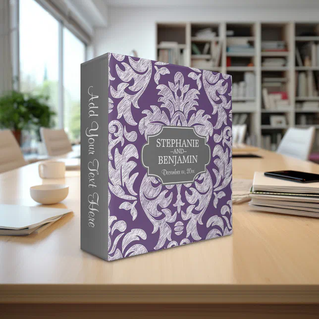 Trendy Gray & Purple Damask Pattern Wedding Date Binder | Zazzle