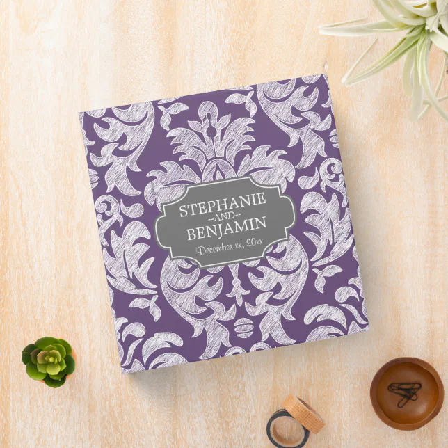 Trendy Gray & Purple Damask Pattern Wedding Date Binder | Zazzle