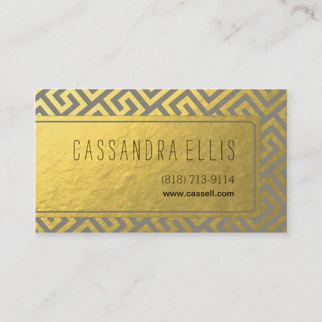 Trendy Greek Key Diagonal | gold foil grey Business Card | Zazzle