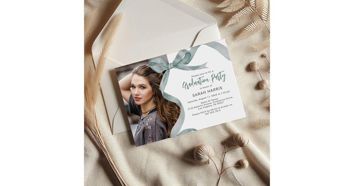 Trendy Green Bow Photo Graduation Invitation | Zazzle