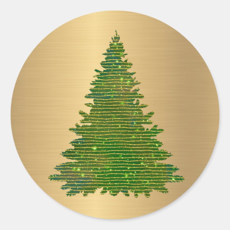 Trendy Green Gold Glitter Tree Christmas Classic Round Sticker | Zazzle