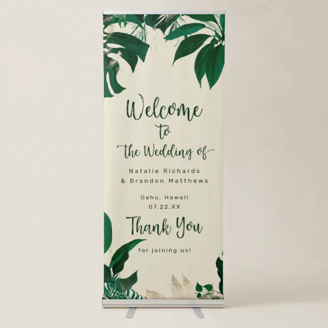 Trendy Green Tropical Foliage Wedding Welcome Retractable Banner | Zazzle