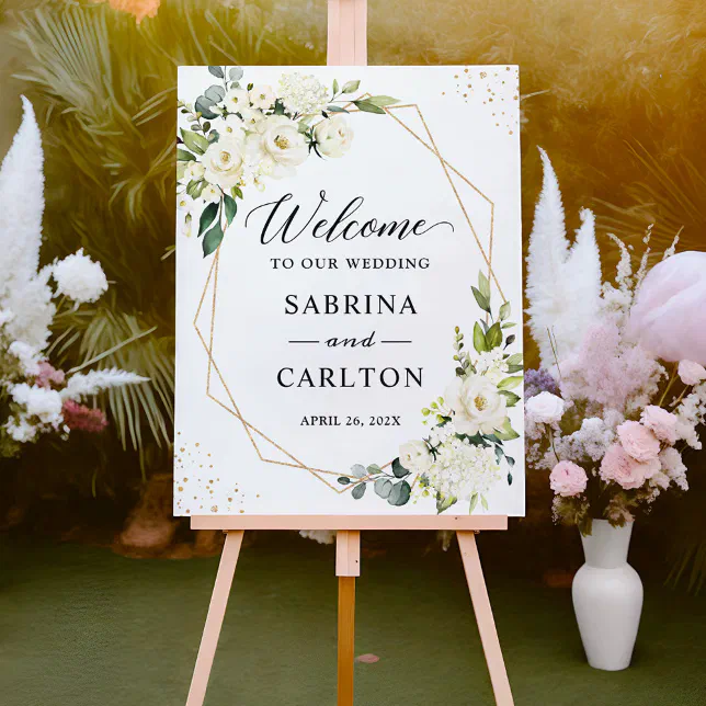 Trendy Greenery White Floral Wedding Welcome Foam Board | Zazzle