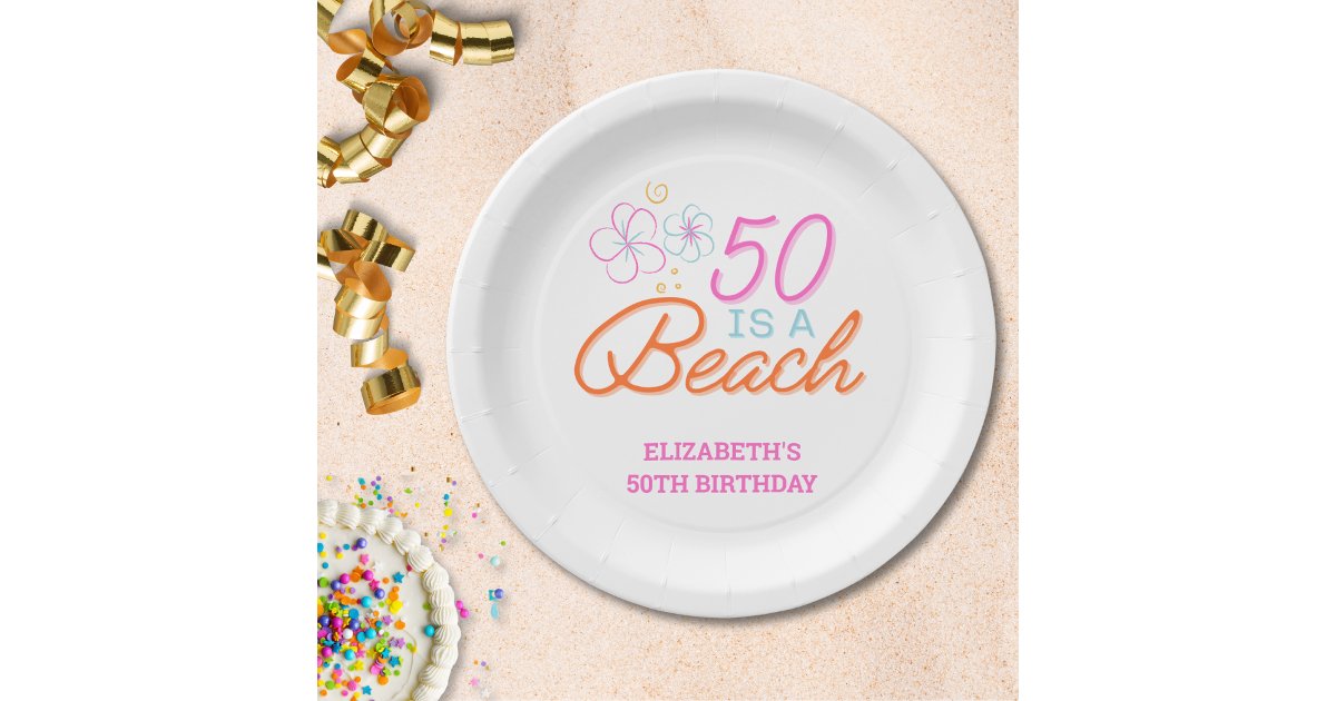 Trendy Hand Drawn Doodle 50th Beach Birthday Paper Plates | Zazzle