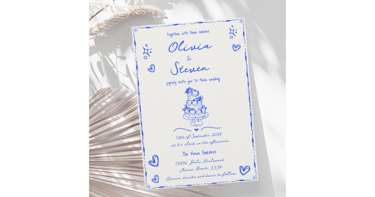 Trendy Hand Drawn Quirky Scribble Blue Wedding Invitation | Zazzle