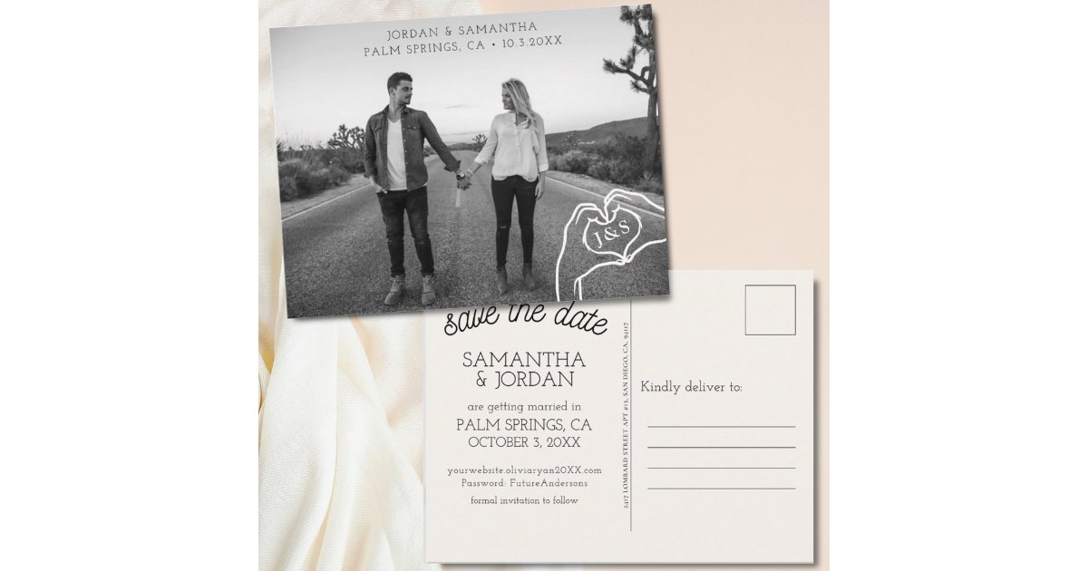 Trendy Heart Hands Monogram Save the Date Postcard | Zazzle
